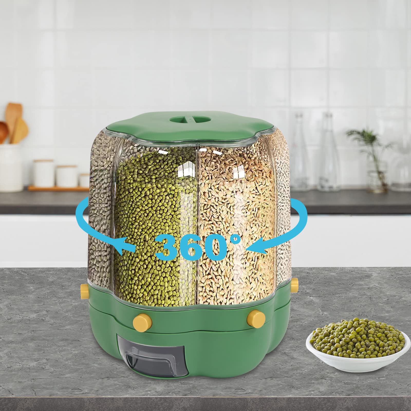 Gagalayong Cereal Grain Container Storage, 6 Compartment Separate Rice Dispenser, 360° Rotating Grain Storage Food Dispenser with Lid for Peanut Barley Millet and Large Grain Cereal (27.55lbs