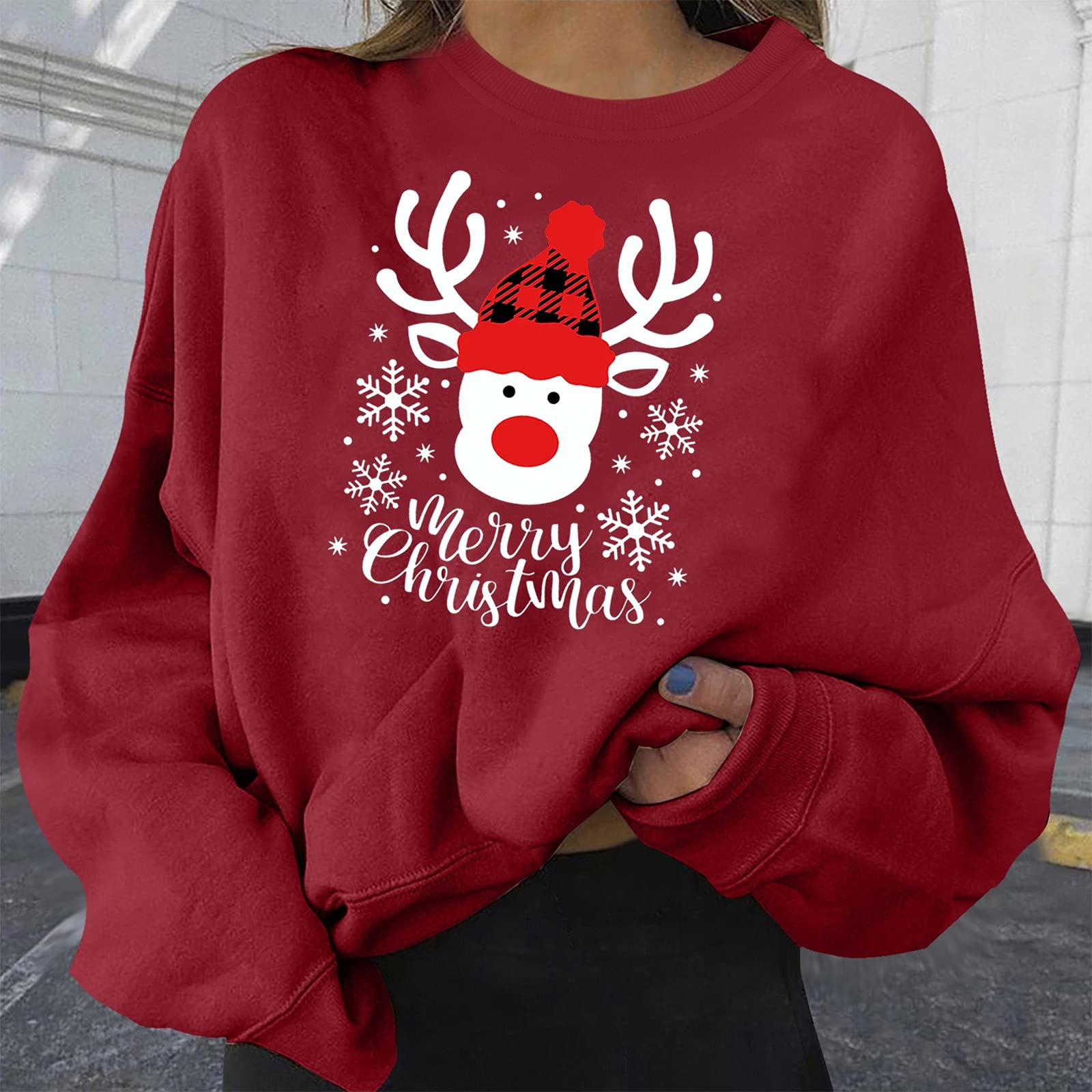 GuangYuan Women Long Sleeve Tshirt Round Neck Pullover Shirts Oversized Long Sleeve Tees Lightweight T Shirt Hoodies Christmas Tops Red