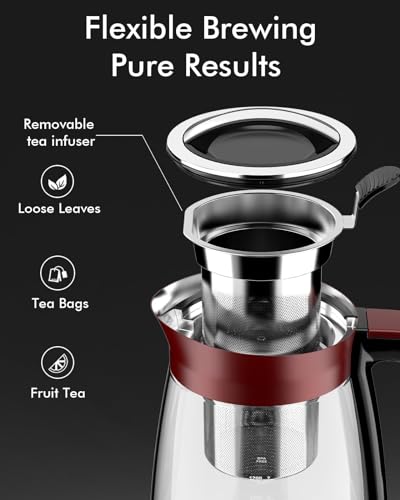 Electric Glass Tea Kettle with Infuser, 1.7L Fast Boiling, Stainless Steel, Temperature Control Tea Maker, BPA Free - Easy Lid Removal & Keep Warm Feature, Red