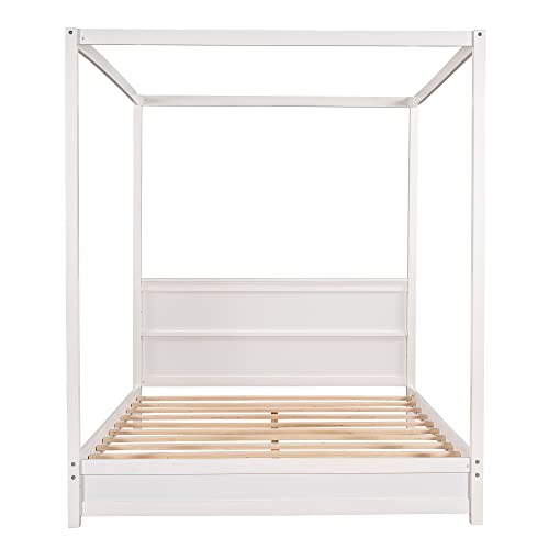 LCH Queen Size Wooden Platform Bed Frame with Headboard and Support Legs for Bedroom, White