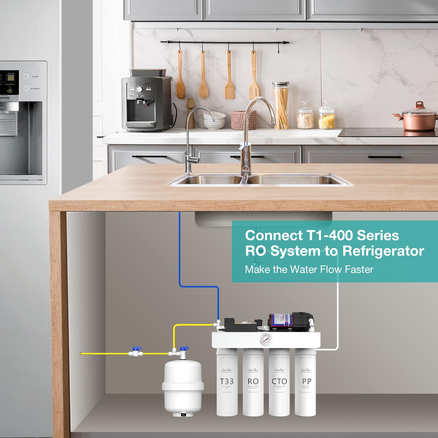 SimPure Small Water Pressure Tank for Tankless Reverse Osmosis System, RO Water Storage Tank with Fittings for Refrigerator, Ice Maker, Suitable for 1/4" and 3/8" Water Pipes, HYRO-1.0