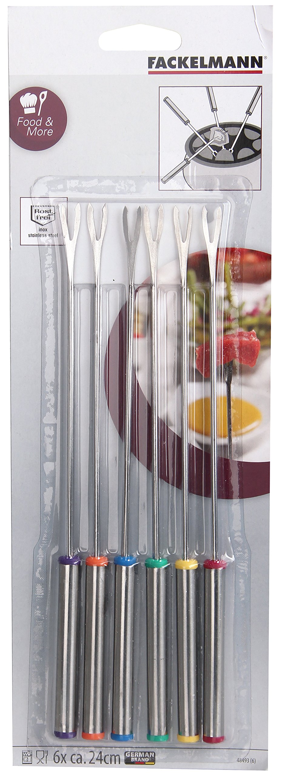 Fackelmann 6 pieces 9, 4" of stainless steel Fondue forks Set, Silver/Black/Blue/Yellow/Orange/Green/Red, One size