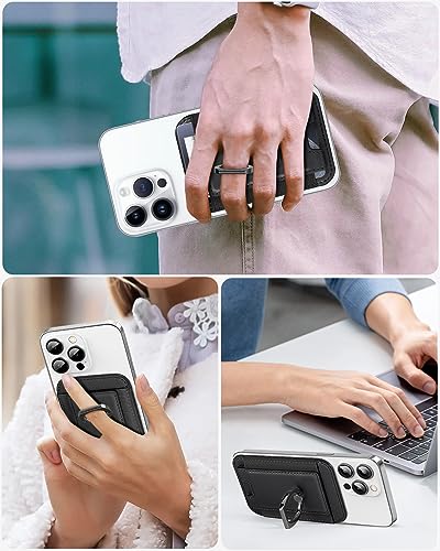 Miroddi Magnetic Wallet for iPhone 12 13 14 15 Accessories Set for Magsafe Credit Card Holder Can Store 3 Cards Back of Leather Phone Wallet with Ring Grip Black
