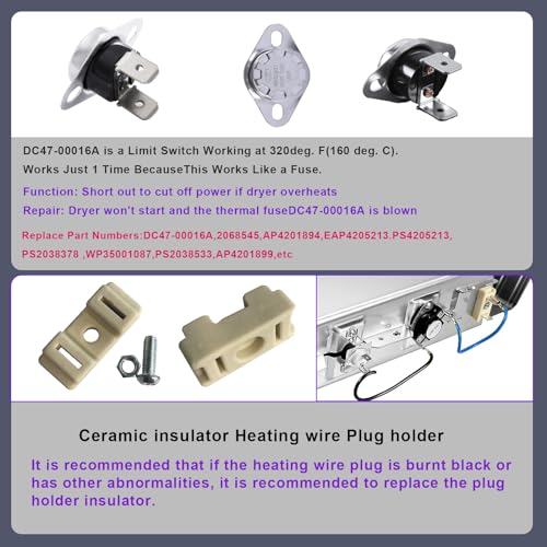 Dryer Heating Element(DC47-00019A)for Samsung, Thermal Fuse( DC96-00887A) and (DC47-00016A), Thermostat (DC47-00018A )Dryer Repair Kit Replacement