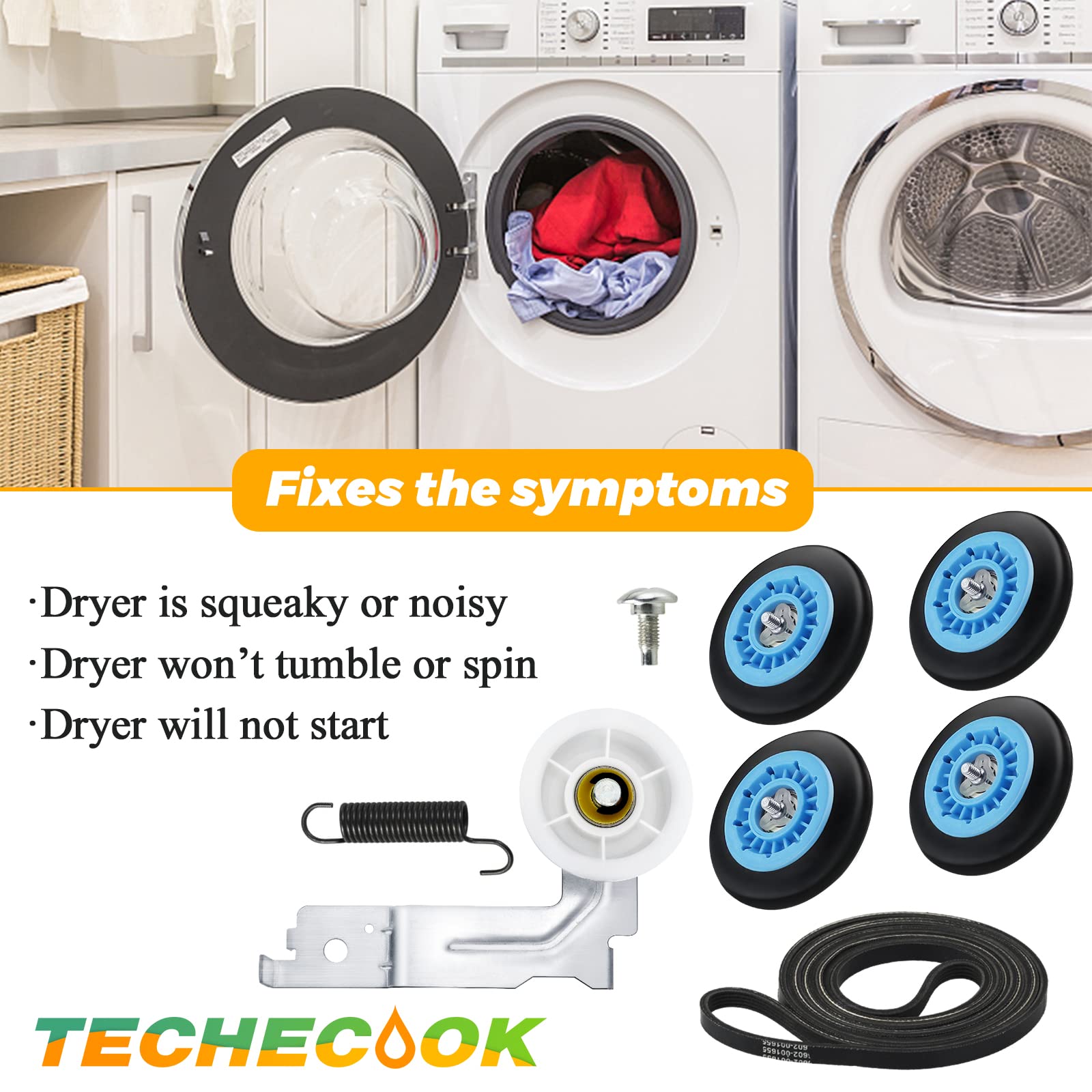 Dryer Repair Kit Fit for Samsung DV42H5000EW/A3 DV45H7000EW/A2 DV48H7400EW/A2 DV42H5200EP/A3 DV40J3000EW/A2, Includes DC97-16782A Samsung Dryer Roller, 6602-001655 Dryer Belt, DC93-00634A Idler Pulley