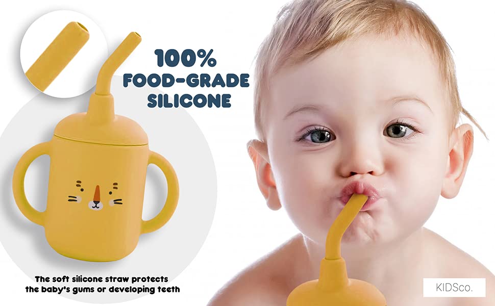 KIDSco. Silicone Baby Cup with Straw - Sippy Cup for 1 Year Old - Unbreakable Toddler Cups Spill proof - 100% Silicone Training Cup for Infants+toddlers - Sippy Cup with Handles (Bear)