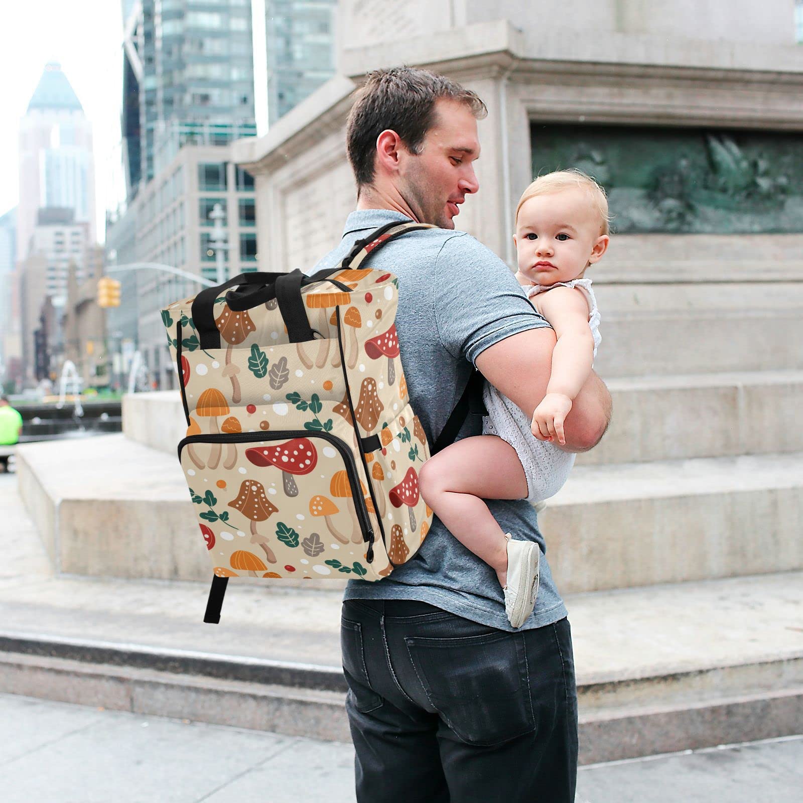 linqin Diaper Bag Backpack, Mushroom Pattern Design Autumn Nature Multifunctional Travel Backpack Maternity Changing Bags, Large Unisex Baby Bag Tote