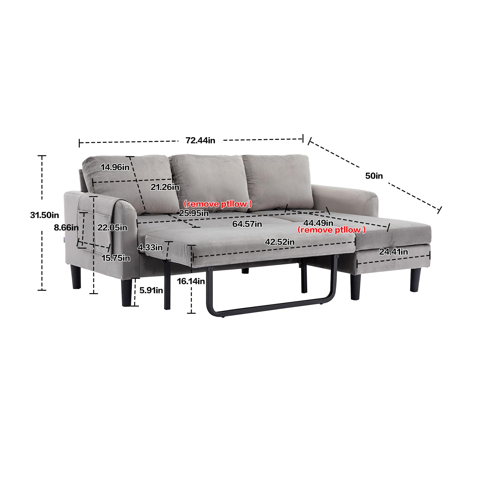Modern Velvet Pull Out Sleeper Sofa Bed with Chaise, Comfy L Shaped Convertible Couch with Storage and Pocket, Sectional 3 Seat Couch for Living Room Furniture or Office, Smooth Back - Light Gray