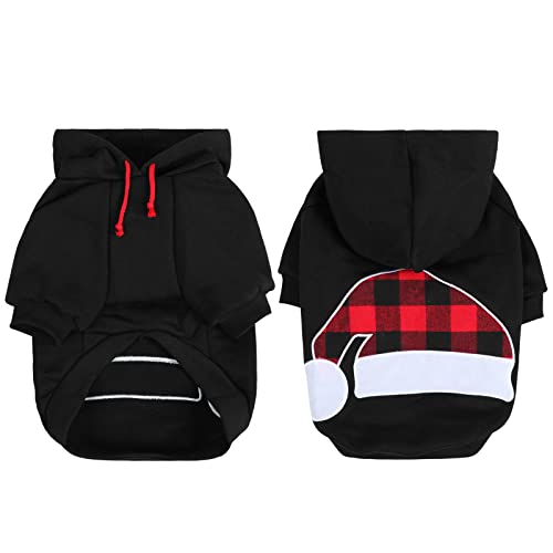 Queenmore Dog Halloween Hoodie Costume for Small Medium Dogs, Fleece Plaid Embroidery Winter Dog Hoodie for Christmas, Valentine's Day,Festival Santa Hat S