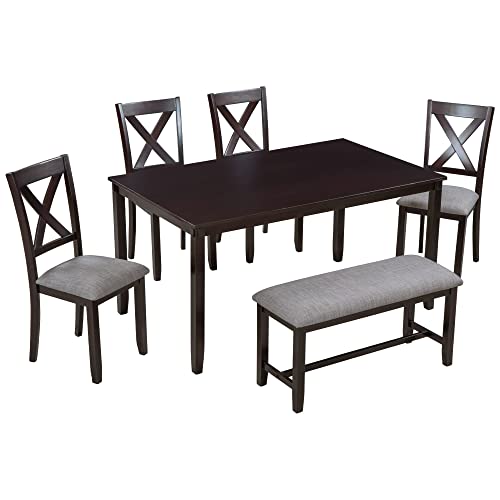 OYN 6-Piece Kitchen Room Sets, Wooden Rectangular Table with 4 Cushion Dining Chairs and Padded Bench,Espresso