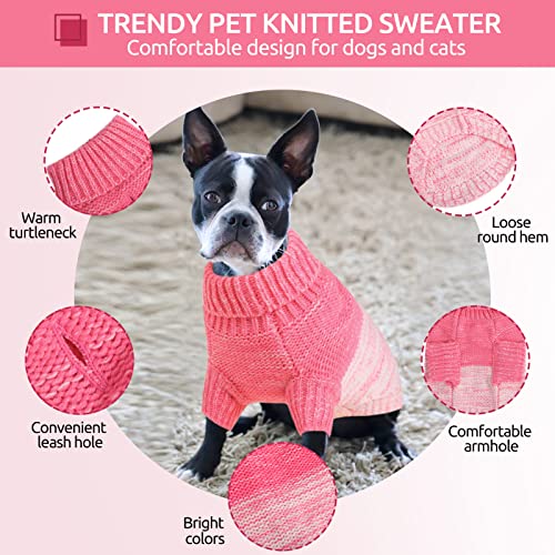 Queenmore Knitted Pullover Dog Sweater, Turtleneck Pet Cat Sweater, Cold Weather Puppy Clothes Stitching Knitwear with Leash Hole for Small Medium Dogs(Pink,L)
