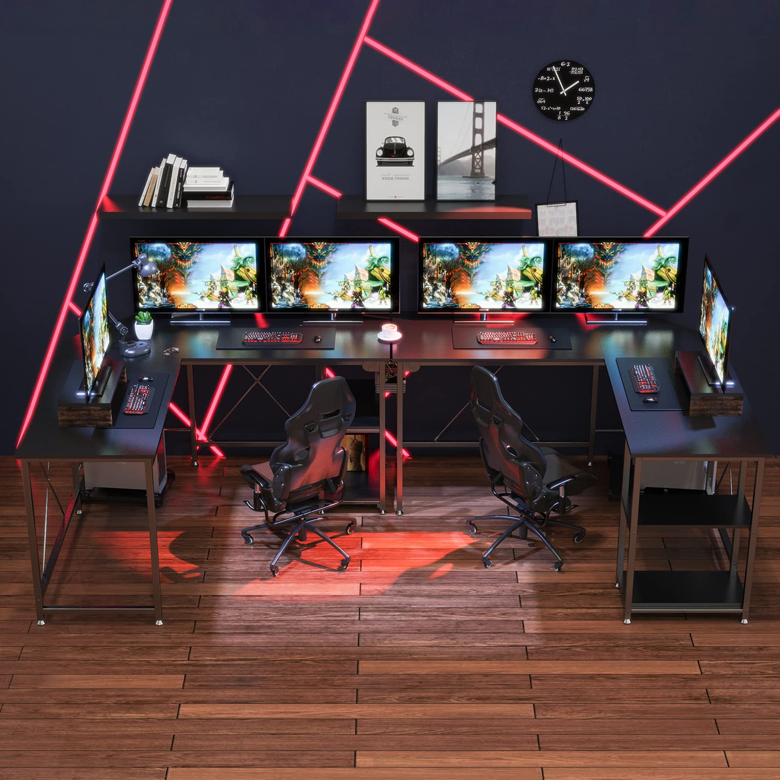 GIKPAL Desk with Drawer, Home Gaming Desk, Office Writing Workstation with Storage Shelves, Space-Saving, White