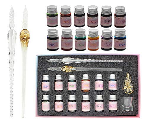 XIAOYU Glass Dip Pen Ink Set, 16 Pieces Calligraphy Pens Set - 12 Colorful Inks, Pen Holder, Cleaning Cup, 2 Crystal Glass Pens for Writing, Signature - Yellow