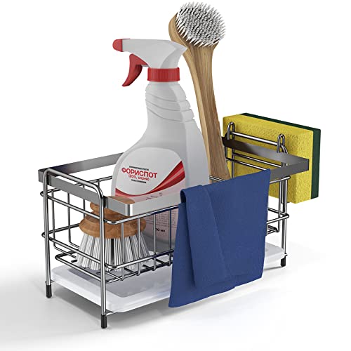 FixOwl Sink Caddy Kitchen Sink Organizer Sponge Holder for Kitchen Sink Non-Slip Countertop Organizer SUS304 with Removable Tray, Silver