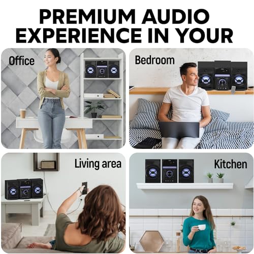 Magnavox MM441 3-Piece CD Shelf System with Digital PLL FM Stereo Radio, Bluetooth Wireless Technology, and Remote Control in Black | Blue Colored Speaker Lights | LED Display | AUX Port Compatible |