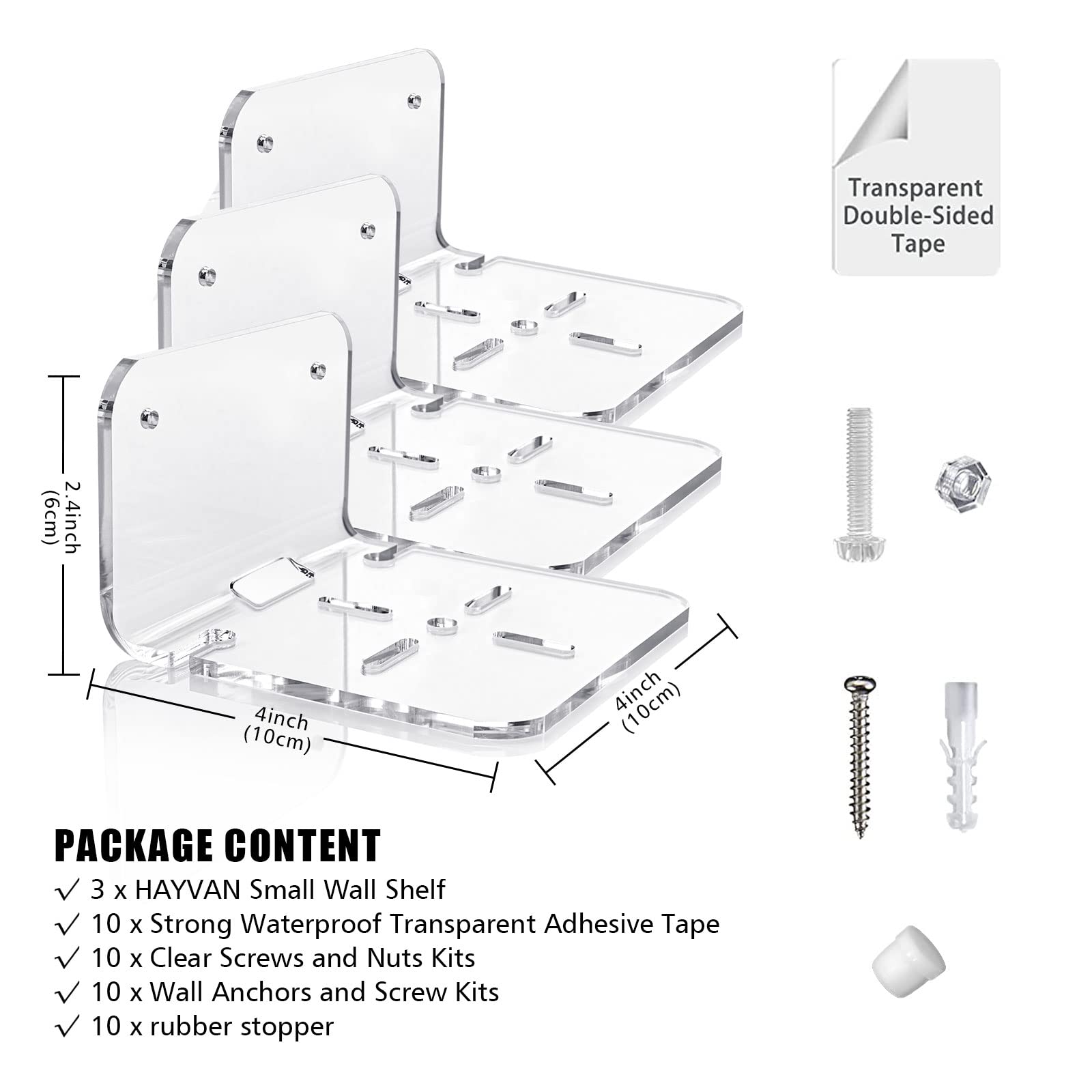 HAYVAN Acrylic Small Wall Shelf Set of 3 for Security Cameras, Baby Monitors, Speakers & More - 4'' Universal No Drill Shelves Easy to Install with Strong Tapes, Screws & Rubber Plug (White)