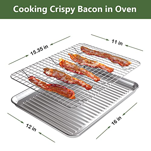 ROTTAY Baking Sheet with Rack Set (2 Pans + 2 Racks), Stainless Steel Cookie Sheet with Cooling Rack, Nonstick Baking Pan, Warp Resistant & Heavy Duty & Rust Free, Size 16 x 12 x 1 Inches