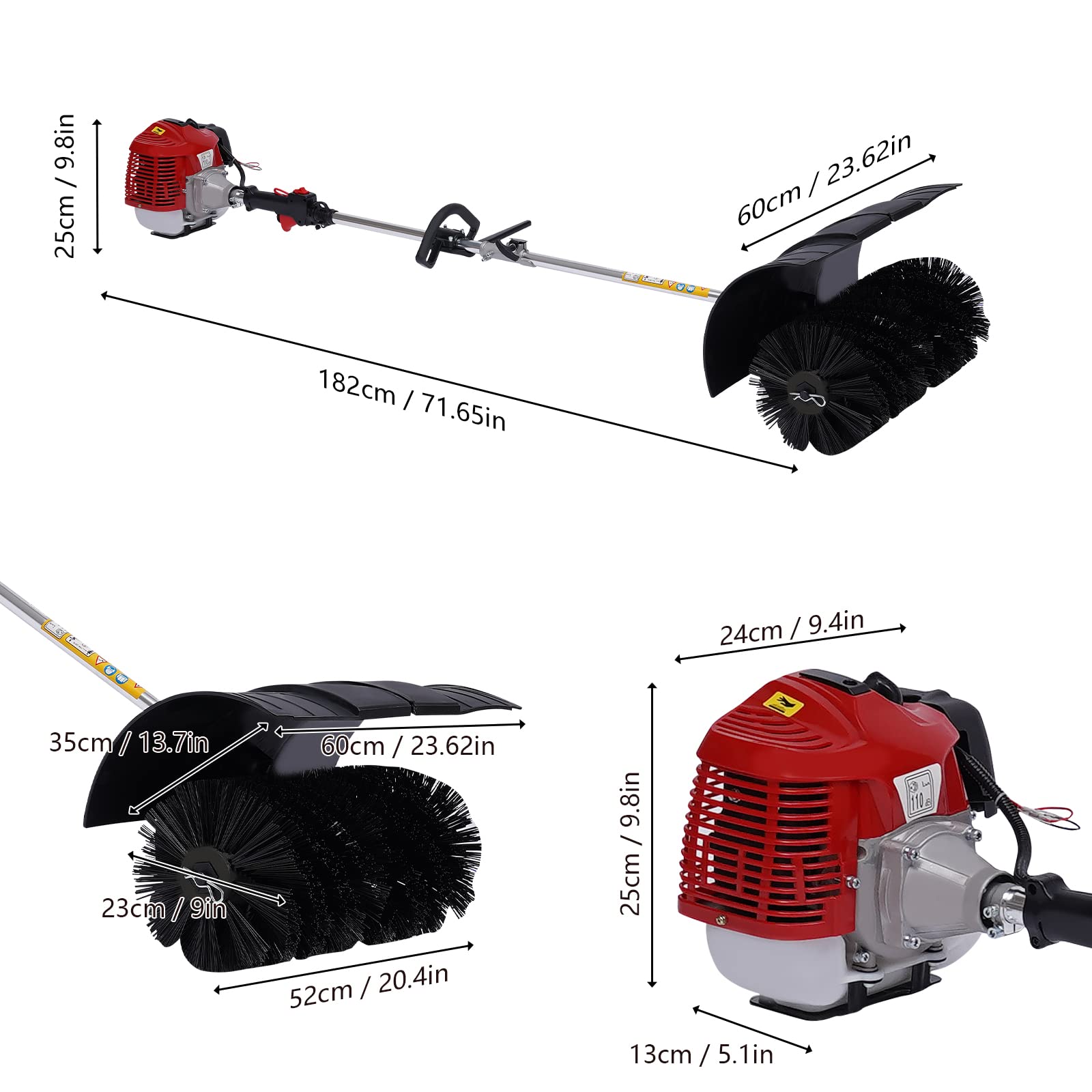 Leweiiq Hand Held Gas Power Broom, 1700W 2.3HP Gasoline Power Broom Walk Behind Sweeper, 52CC Artificial Grass Sweeping Cleaner Driveway