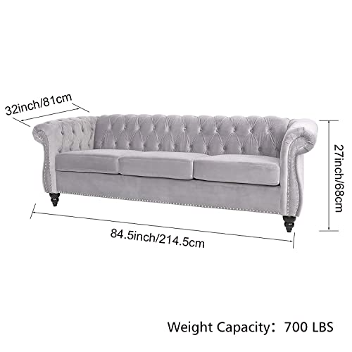 LEFHDA 84" Velvet Upholstered Chesterfield Sofa Couch, Modern 3 Seater Sofa Couch, Thicken Seat Cushions and Button Tufted Back Chesterfield Couch with Nailhead Trim Rolled Armrests, Grey