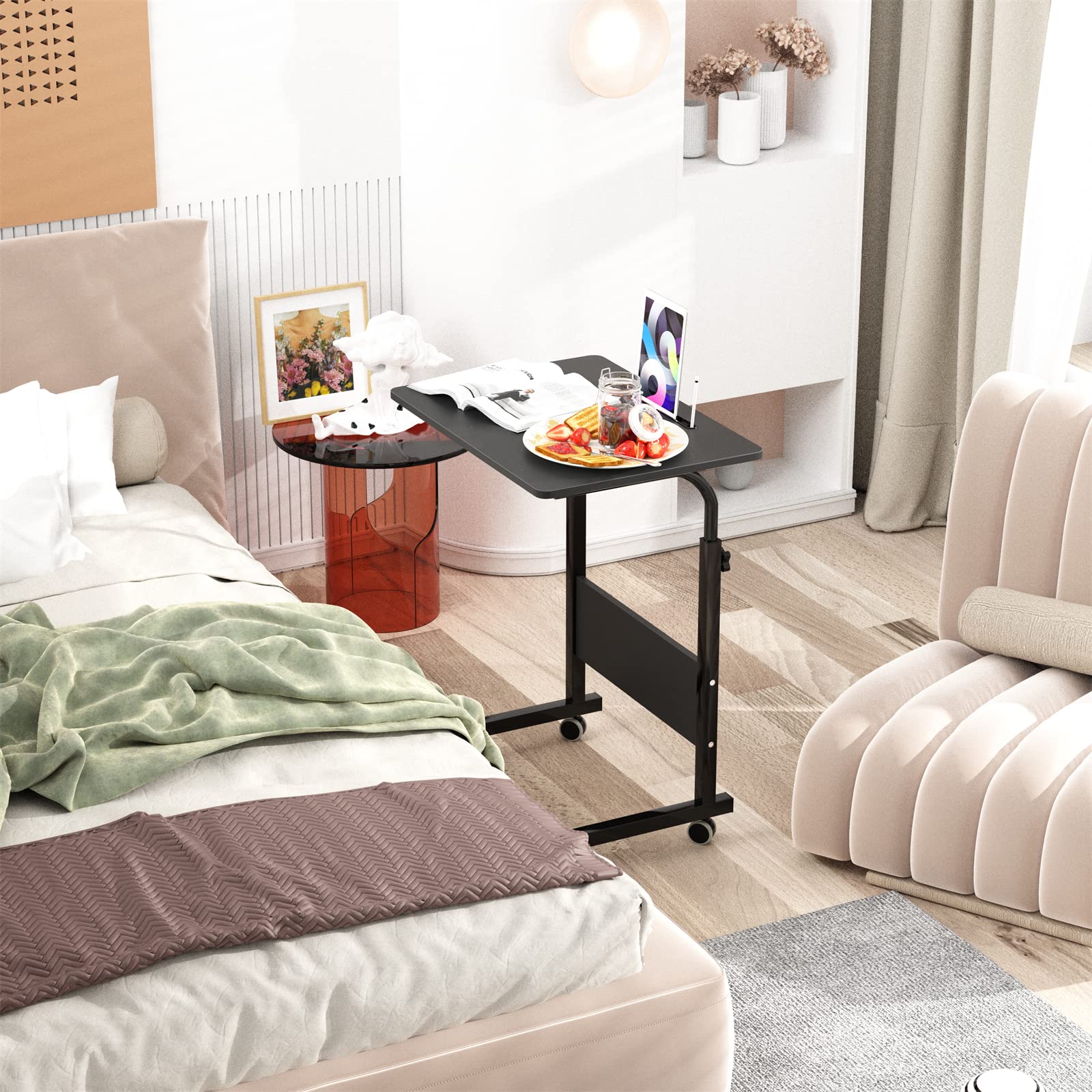 SogesGame Side Table,31.5in/21.6in Adjustable Laptop Stand Portable Cart Tray Bedside Computer Table,Sofa Side Bed Table with Wheels