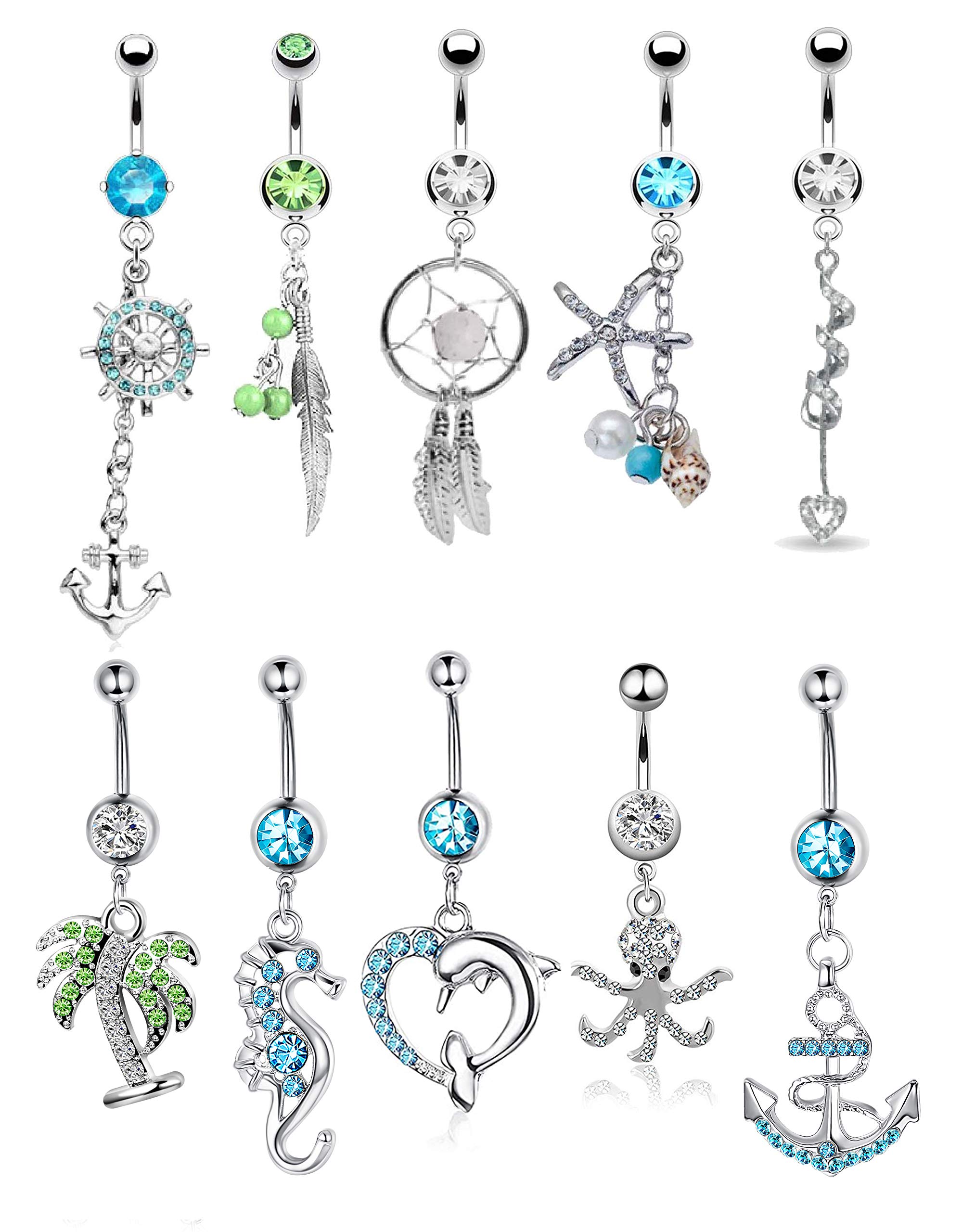 FIBO STEEL 9-10 Pcs Dangle Belly Button Rings for Women 316L Surgical Steel Curved Navel Barbell Body Jewelry Piercing