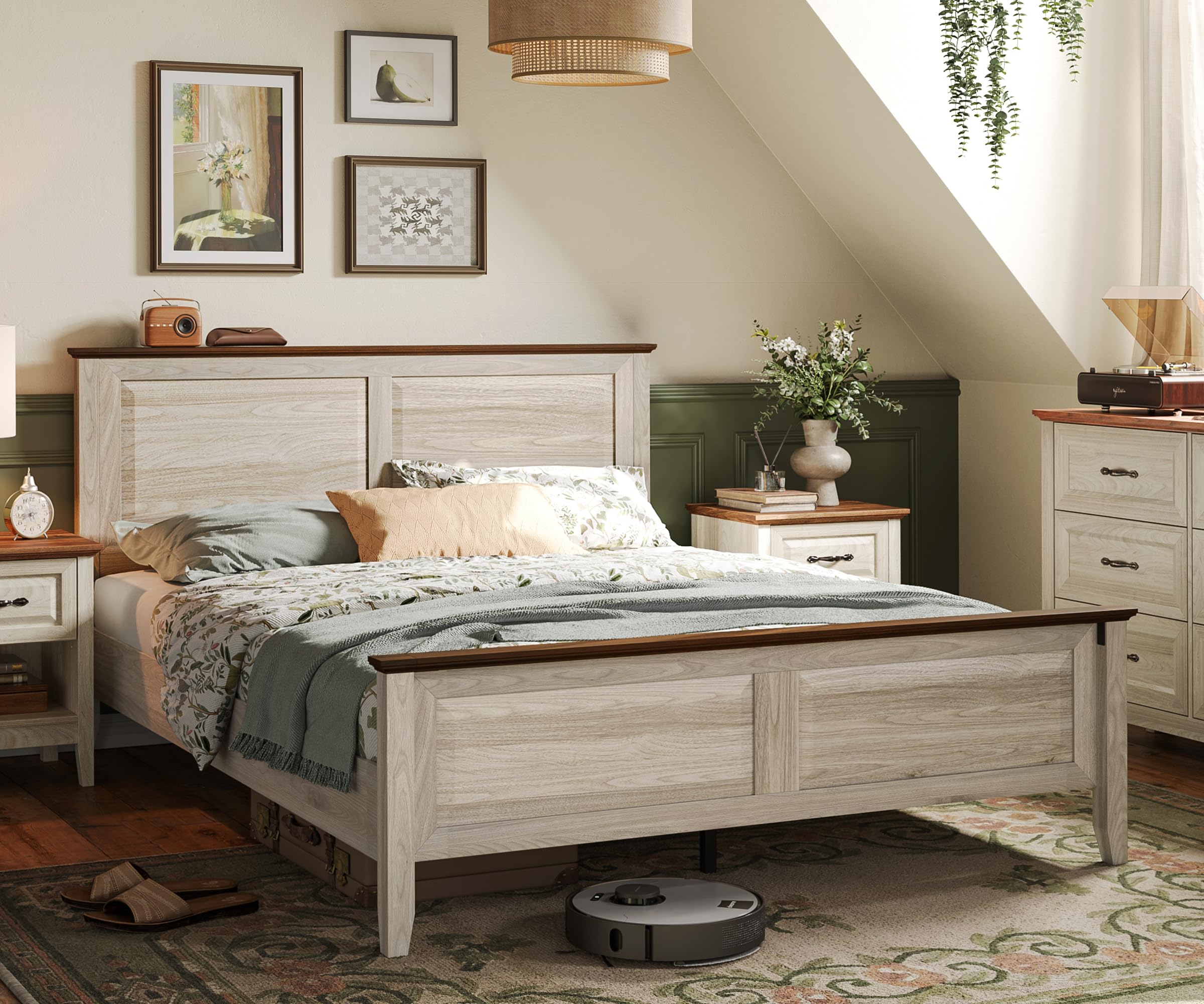 LINSY Wood Queen Bed Frame with Headboard, Farmhouse Bed Frame Queen Size with High Footboard, Wood Bed Fast Assembly, Noise-Free, No Box Spring Needed - Beige