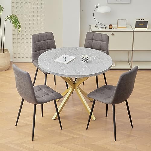 Round Dining Table, Modern Marble Kitchen Dining Table with Four Metal Legs, Marble Top Dining Table for Indoor Use Side Table for Kitchen Restaurant Living Room Casual Cafe（Grey）