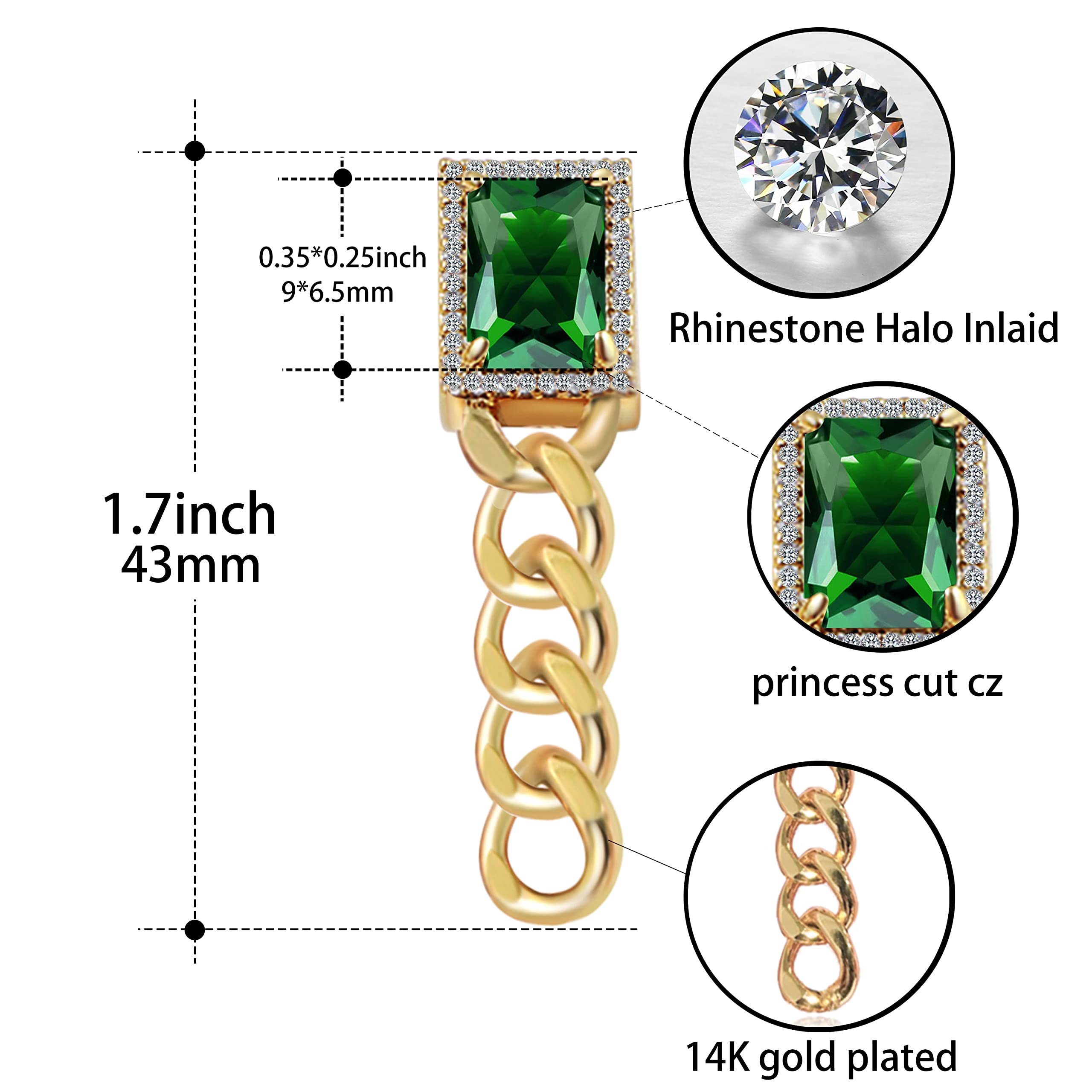 Emerald Green Earrings For Women Gold Dangle Earrings Square Cut Rhinestone Halo Long Link Chain Stud For Girl (GREEN)