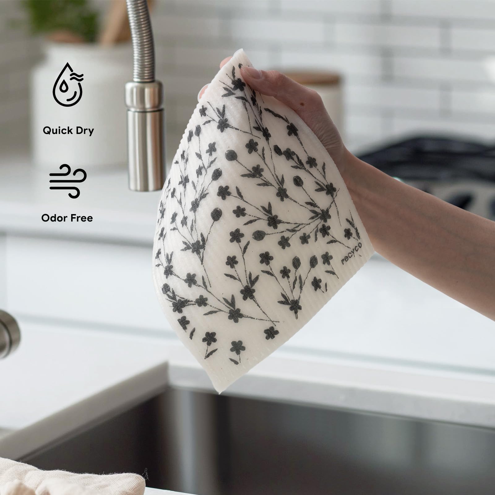 RECYCO Swedish Dishcloths for Kitchen | 5 Packs Geometric Washable Dish Rags | Cellulose Reusable Cleaning Paper Towels | Absorbent Counter Dish Cloth Sponge Kitchen Wipes, 8" L x 7" W