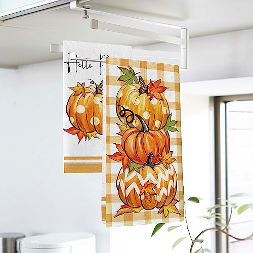 Seliem Fall Hello Pumpkin Patch Kitchen Dish Towels Set of 2, Autumn Maple Leaves Hand Towels Buffalo Plaid Check Drying Baking Cooking Cloth, Farmhouse Thanksgiving Home Kitchen Decor 18x26 Inch