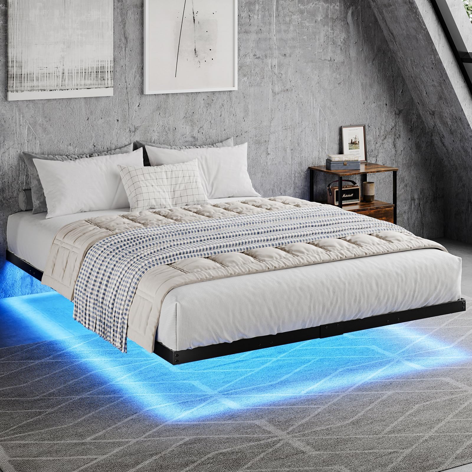 HOMBCK Floating Bed Frame Queen Size with LED Lights, Metal Platform Queen Bed with Heavy Duty Steel Slats, Large Under Bed Storage, No Box Spring Needed, Easy to Assemble, Black