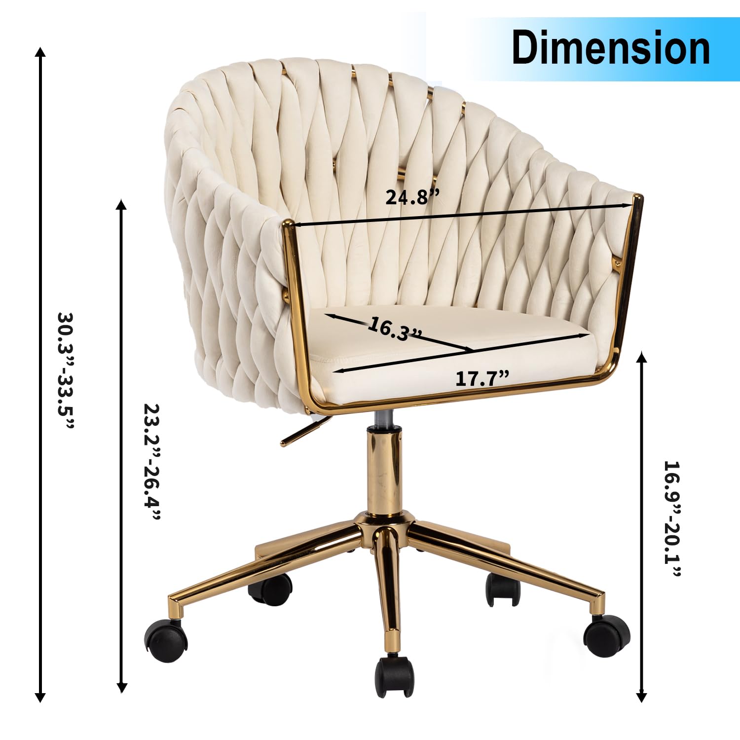 linting Velvet Office Desk Chairs Vanity Chairs with Gold Base Height Adjustable Mid Back Makeup Chairs with Wheels for Women, Hand-Woven Accent Chairs Armchair, Beige