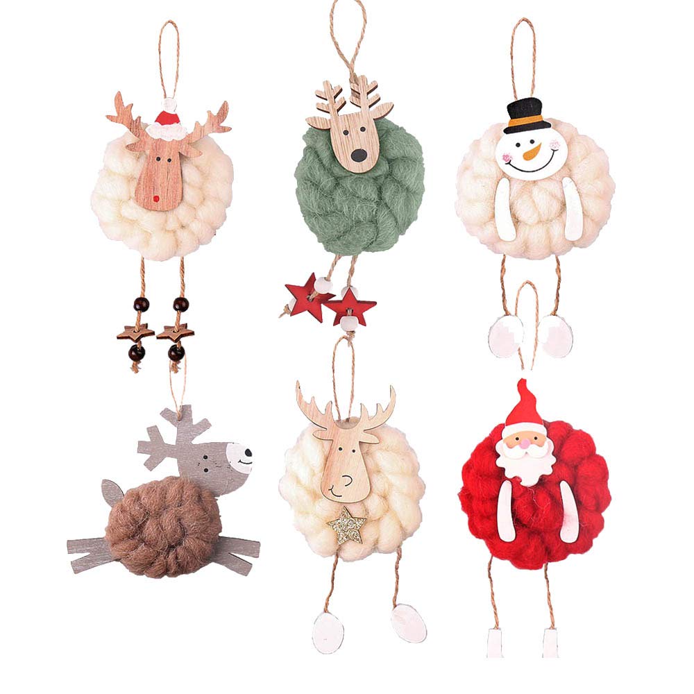 Festivous Wishel Christmas Tree Decorative Pendant Knitting Wooden Christmas Hanging Ornaments Home Decors 6PCS