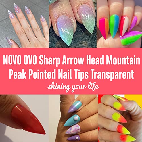 NOVO OVO 500 pcs Short Stiletto Full Cover French Manicure Nail Tips, Extra Sharp Arrow Head Mountain Peak Edge Pointy Eagle Cat Claw Fishbone Clear False Fake Nails Extension for Acrylic 10 Sizes