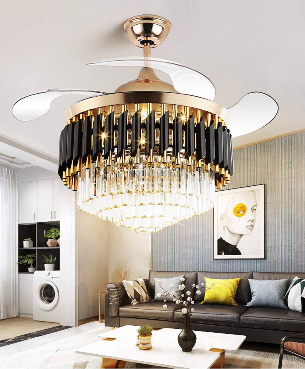 Fandian 42" Crystal Ceiling Fan with Light Remote Control Chandelier Retractable Fandelier, Luxury 3 Color Lighting for Dining Room, Living Room