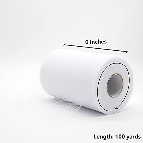 Tulle Rolls, 6 Inch Tulle Fabric Spool/Roll,Wedding Tulle Fabric Bolt Spool for Tutu Skirt Crafting Favors Pew Bow Party Decorations (6β x 100 Yards, White)
