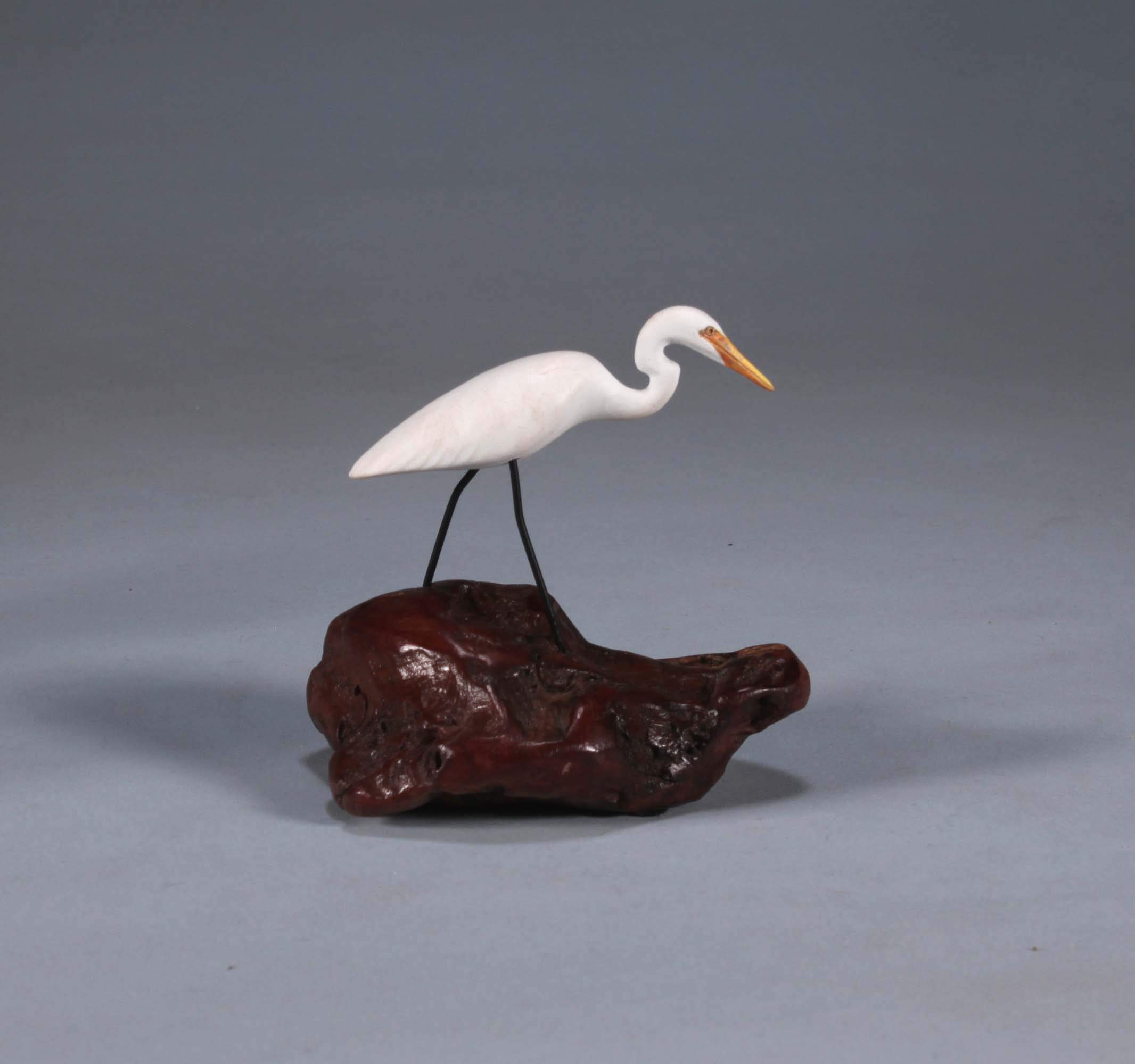 Egret sculpture by John Perry 4 inches tall on burlwood base Hunting version Statue Figurine