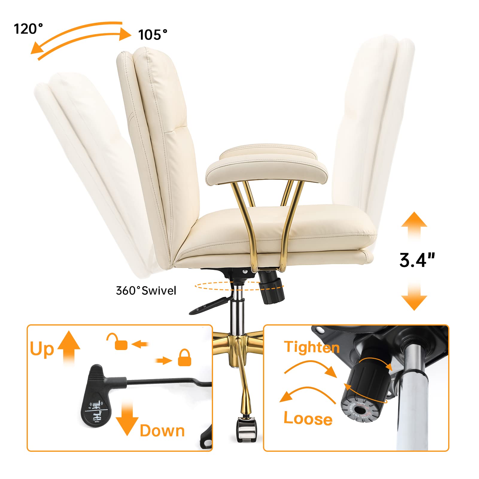 EMIAH Modern PU-Padded Office Desk Chair Ergonomic Computer Desk Chairs with Wheels and Arms Mid-Back Executive Rolling Task Chair with Elegant Button Tufted Design