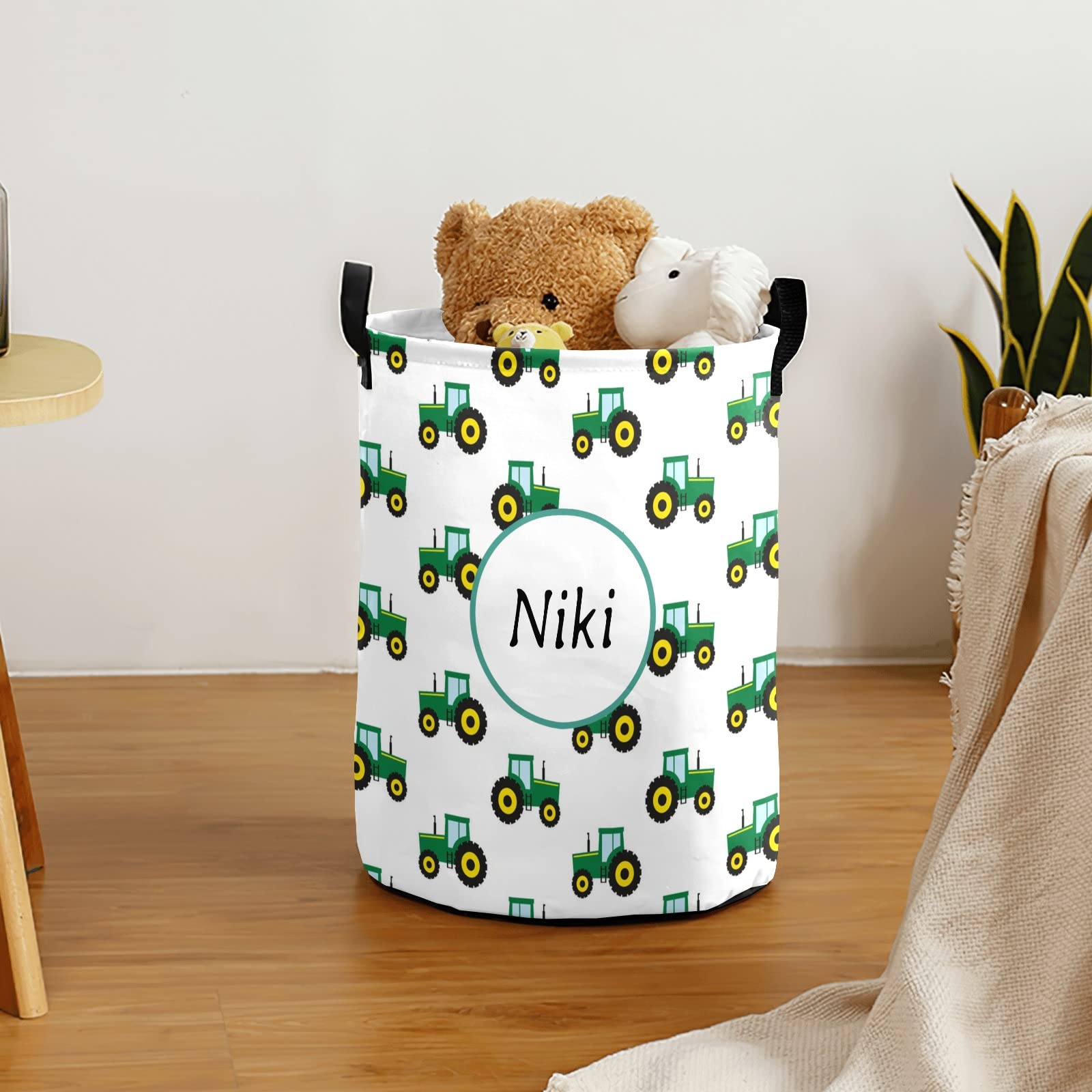 Farm Tractor Round Storage Basket Personalized Name Laundry Basket Waterproof Nursery Hamper with Handle for Living Room Bedroom and Clothes