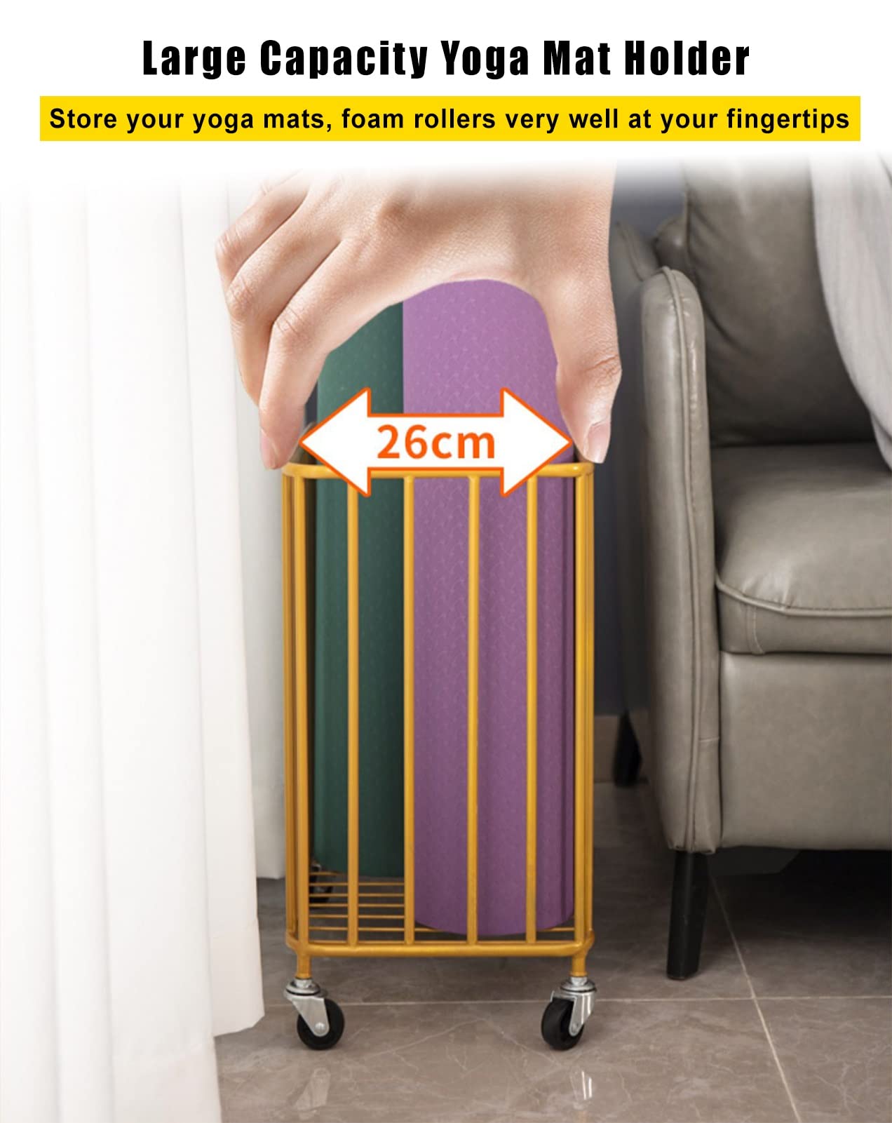 Gold Square Yoga Mat Holder with Wheels, Steel Frame Yoga Mat Storage Basket, Exercise Equipment for Home Workouts, Space Saving Yoga Mat Racks