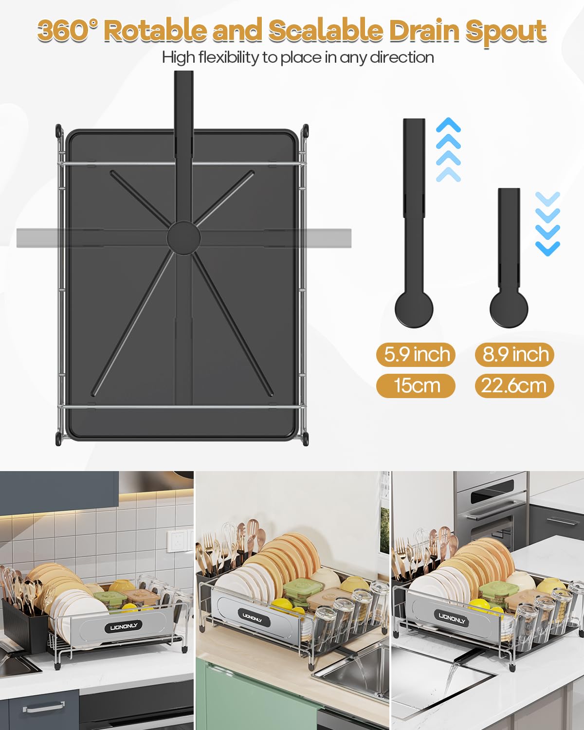 LIONONLY Dish Drying Rack, Dish Racks for Kitchen Counter, 304 Stainless Steel Dish Drainer Drainboard Set with Smart Drainage, 360° Adjustable Spout, Utensil Holder and Cup Holder,Black