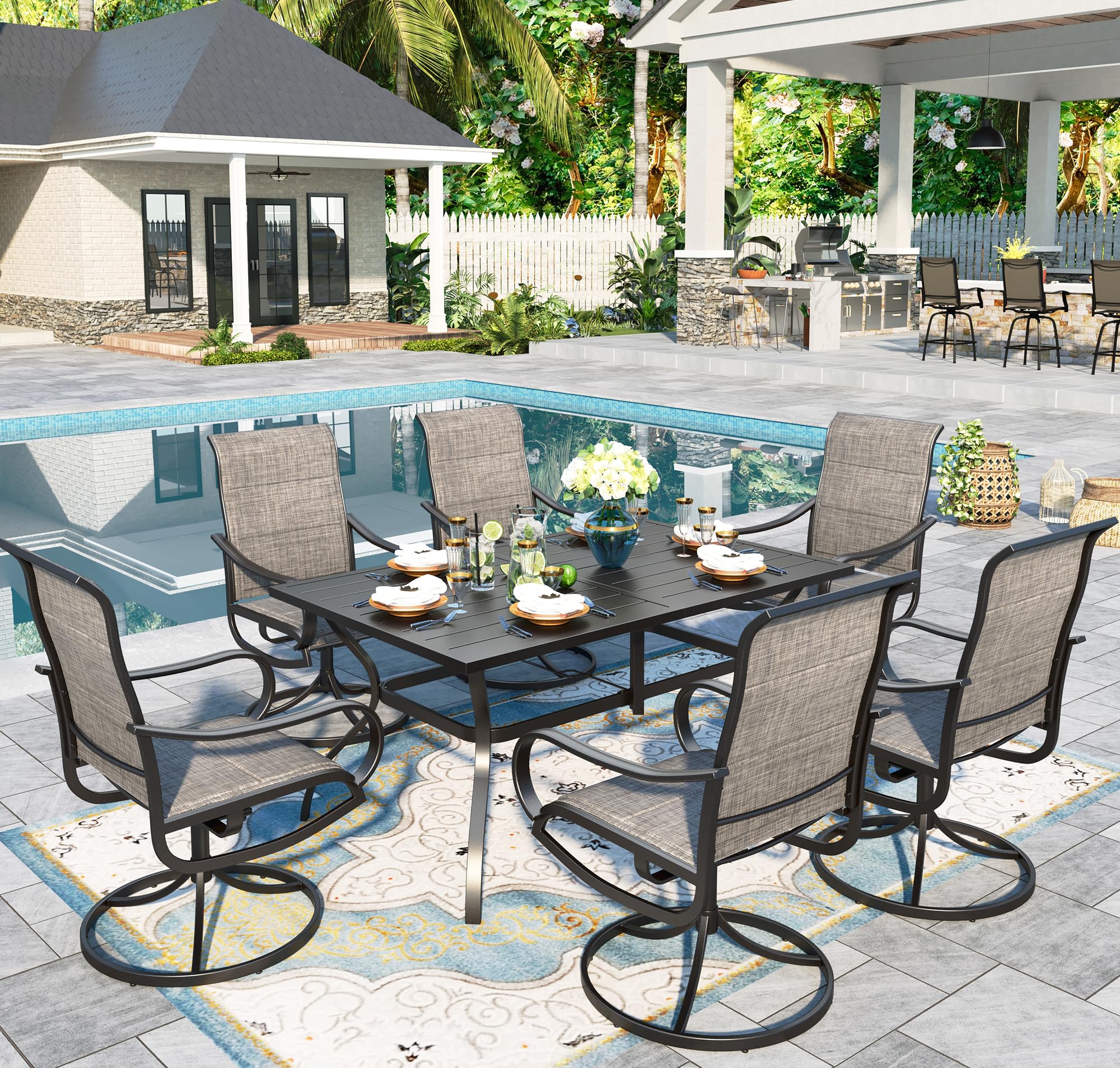 Sophia & William Patio Dining Set 7 Pieces Outdoor Metal Furniture Set, 6 x Patio Dining Swivel Chairs Padded with 1 Umbrella Table 6 Person for Lawn Garden