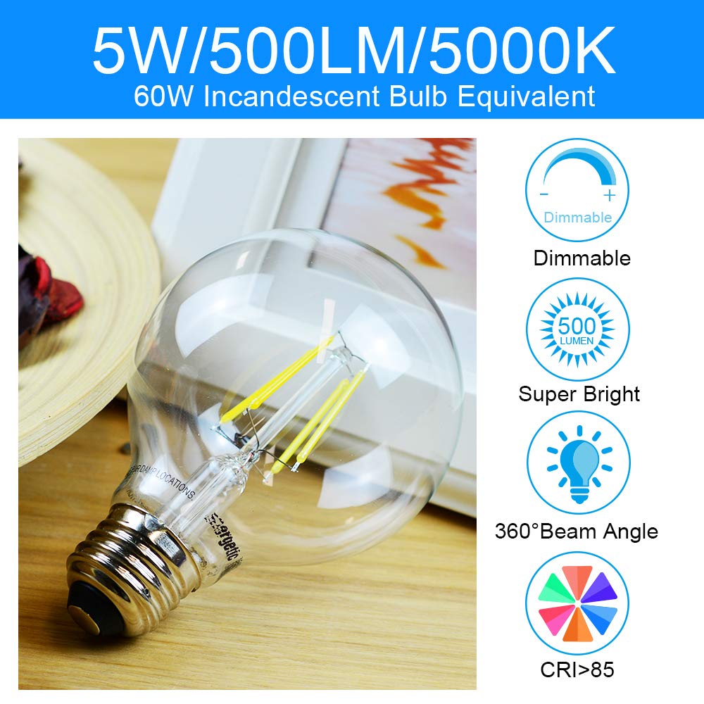 Energetic Lighting Energetic 12-Pack Dimmable LED Edison Light Bulb, G25 (G80) Globe Bulb, 60W Equivalent, 5000K Daylight, Christmas Light, E26 Standard Base, UL Listedā¦