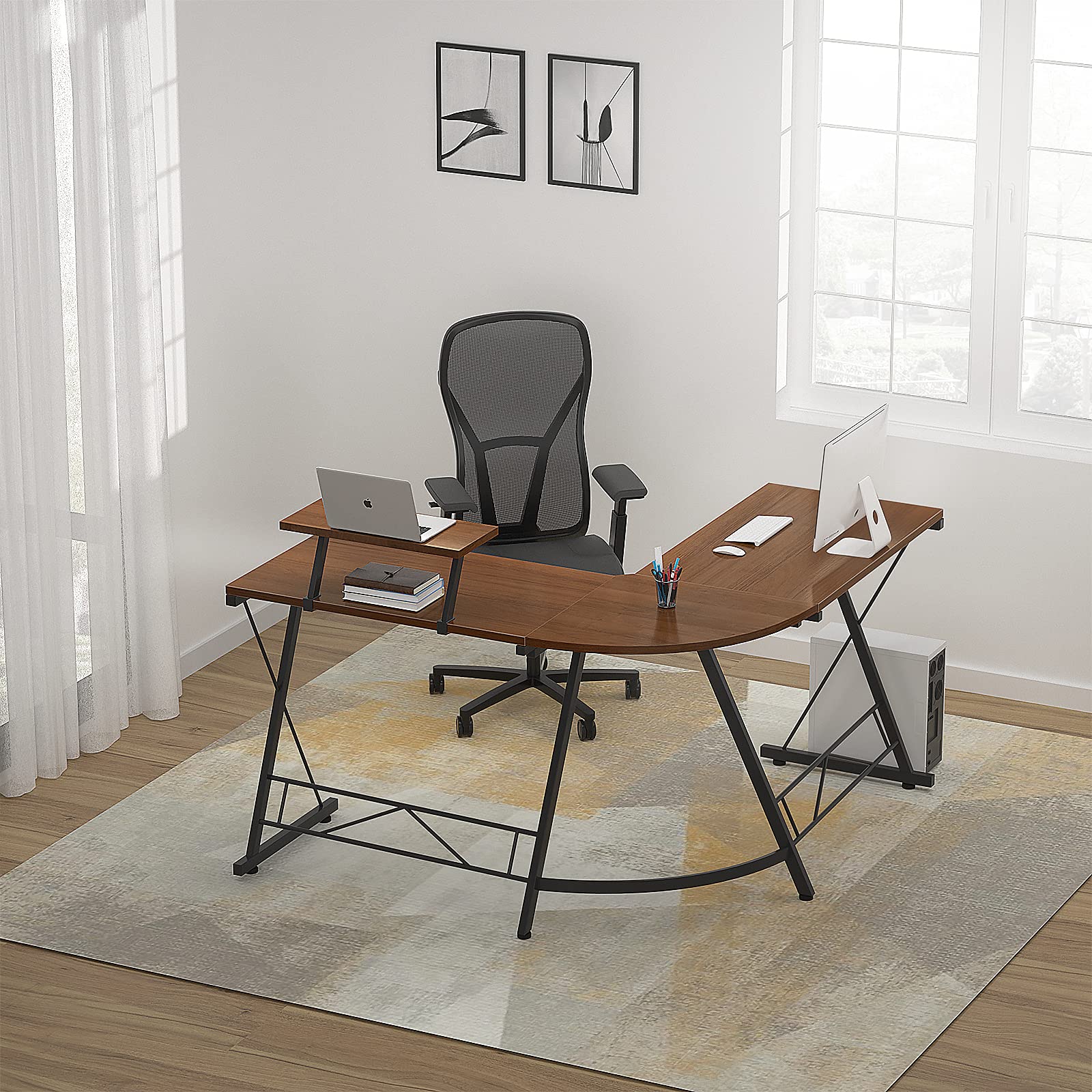 Foxemart L Shaped Gaming Desk 51'' Corner Gaming Desk Home Office Desks with Large Monitor Stand Computer Desk with Round Corner, Teak