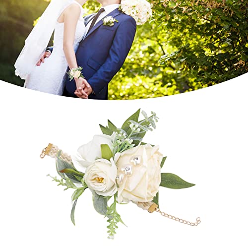 Wrist Corsage Wristlet Band Bracelet for Wedding Bride Wrist Flower Artificial Flower Decorative White Roses and Green Leaves for Wedding Party