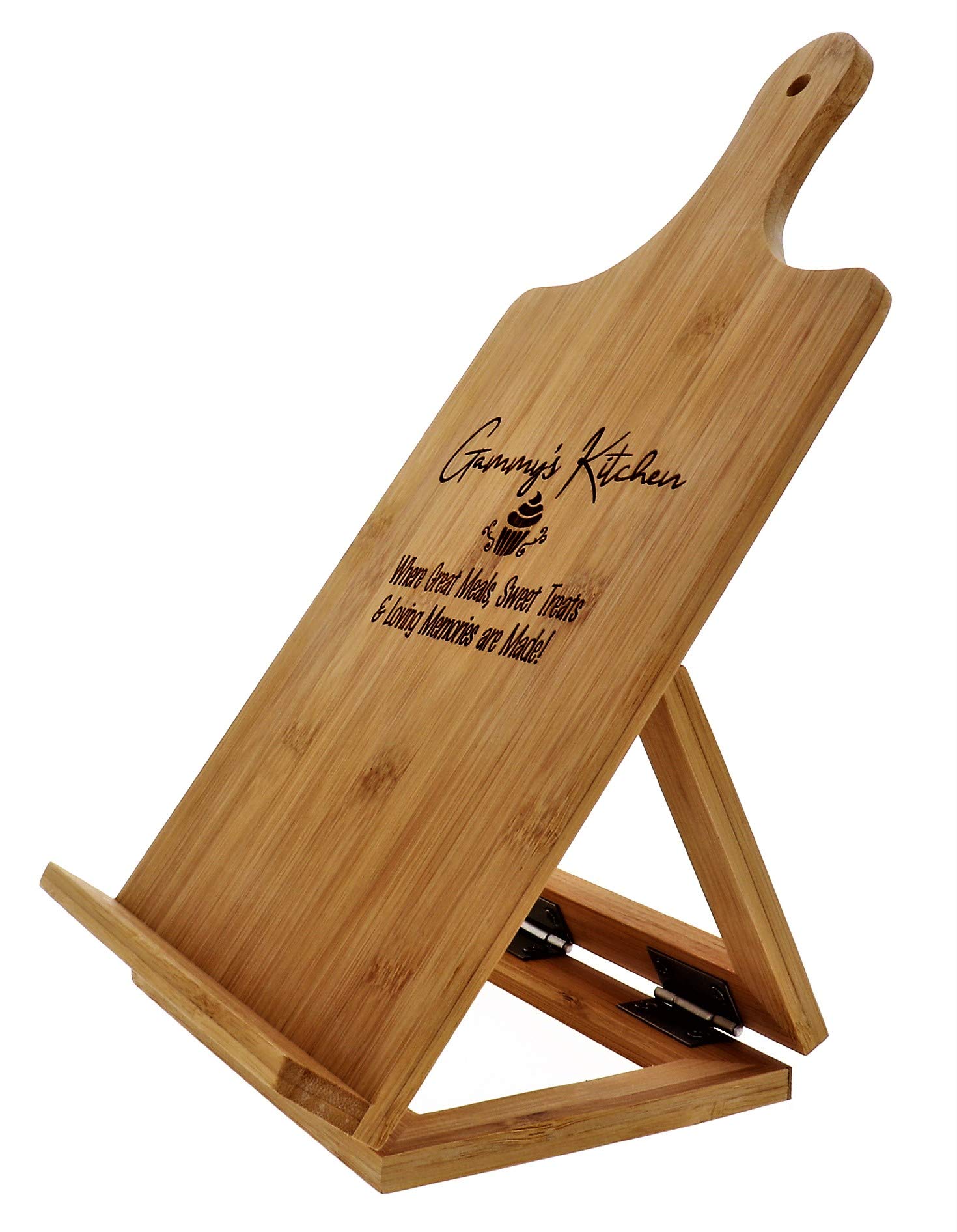 Gammy’s Recipe Cookbook Holder Stand Gift - Custom Engraved Bamboo Cutting Board Foldable Chef Easel Metal Hinges Kickstand iPad Tablet Compatible Christmas Birthday Kitchen Decor Design (7.25x13.5)