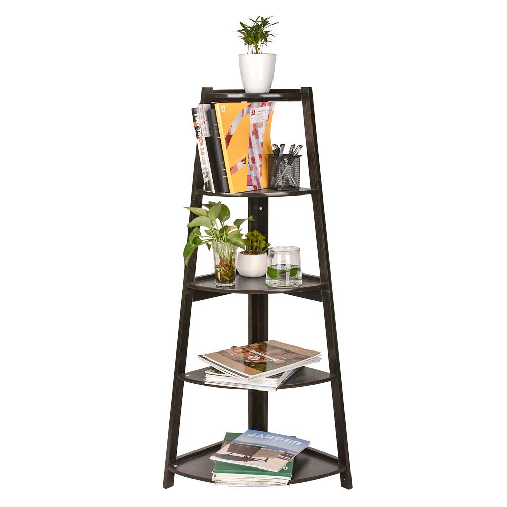 GIODIR Corner Ladder Shelf, 5-Tier Bookcase Accent Etagere, A-Shaped Display Organizer Plant Stand Storage Rack, Wood Look Frame Furniture for Living Room, Bathroom, Bedroom, Home Office (Coffee)