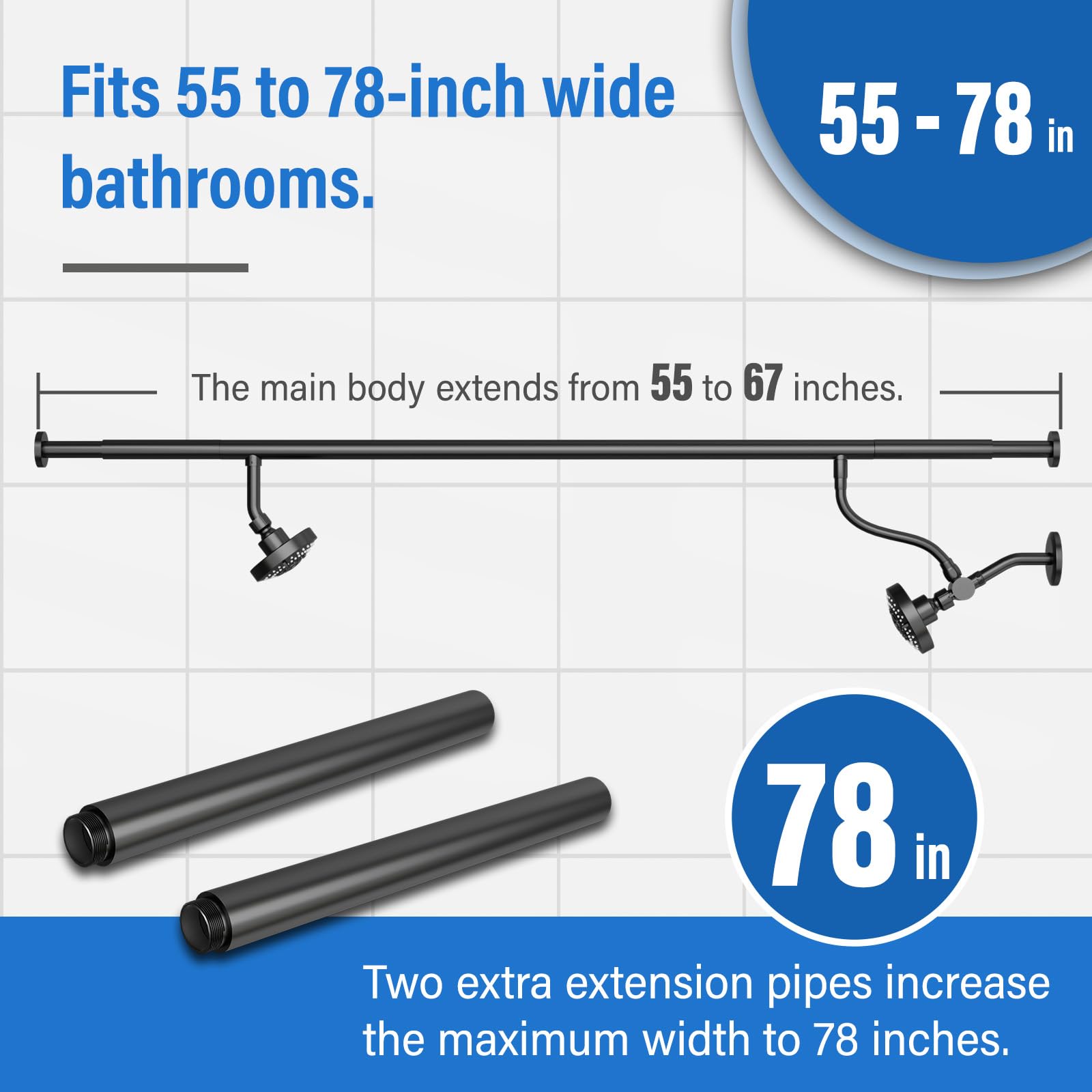 NTPN Dual Shower Head for Couples, Double Shower Head System for Two People, High Pressure and Adjustable Double Shower with Multimodal Shower Head fits 2 Person (Black)