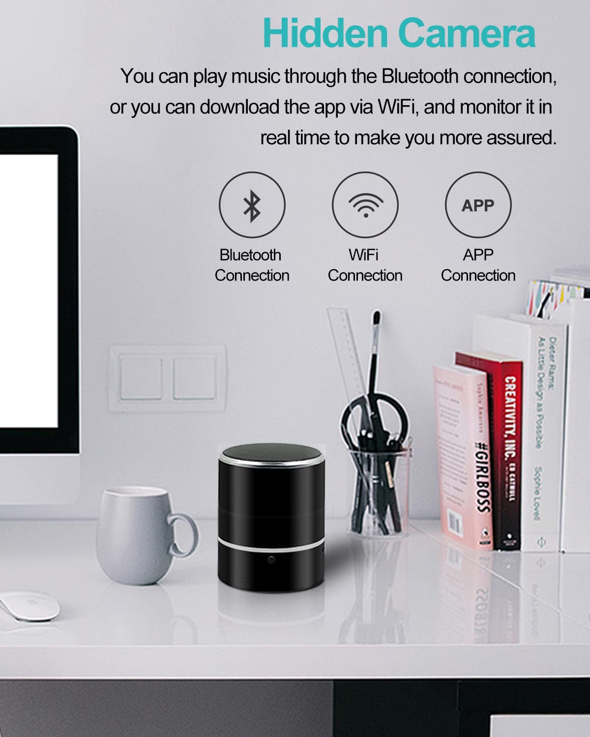 HD 1080P WiFi Bluetooth Speaker Hidden Spy Camera, 2 In 1 Bluetooth Music Player Wireless Security Nanny Cam with Phone App Remote Viewing / Motion Detection, Rotating Angle of View 180° No Audio