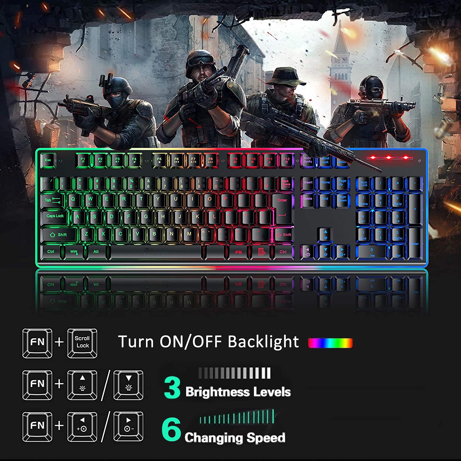 GUIZREN Chroma Rechargeable Wireless Gaming Keyboard, LED Rainbow Backlit, Ergonomic Full Size Keyboard with 7 Color Changing Multimedia Keys, for Teclado Gamer PC, Computer, Desktop, Laptop